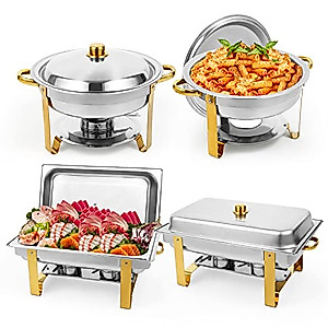 Restlrious Chafing Dish Buffet Set of 4, Stainless Steel 5 QT Round & 8 QT Rectangular Large Capacity Chafers and Buffet Warmers Set w/Food Pan Water Pan, Fuel Can for Catering Event Party Gathering