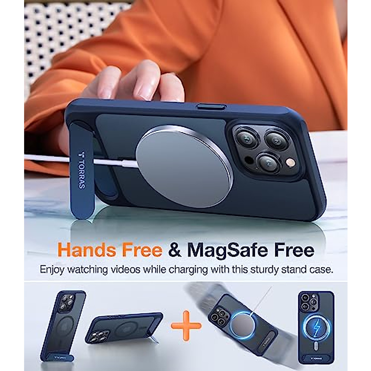TORRAS Stronger Magnetic for iPhone 14 Pro Max Case with Stand, Compatible with MagSafe, Built in Hidden Kickstand, 10FT Mil-Grade Drop Protection for iPhone 14 Pro Max Case, Translucent Matte Blue