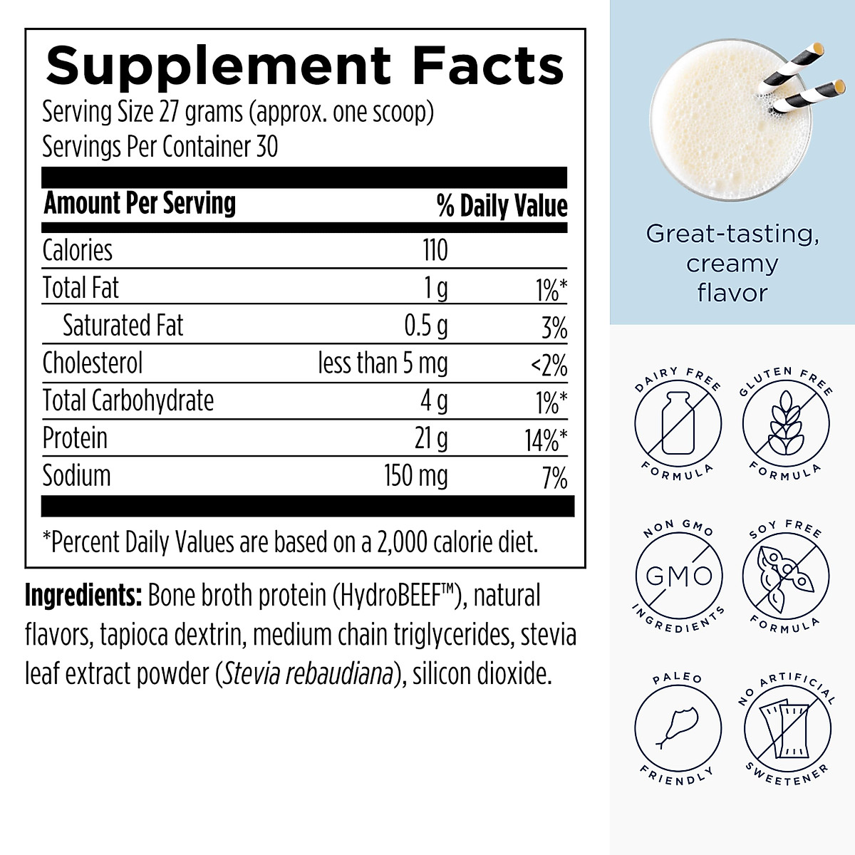Designs for Health PurePaleo Collagen Protein Powder - 21g HydroBEEF Bone Broth Protein Supplement with Collagen Peptides + BCAAs - Vanilla, Non-GMO, Dairy-Free + Gluten-Free (30 Servings / 810g)