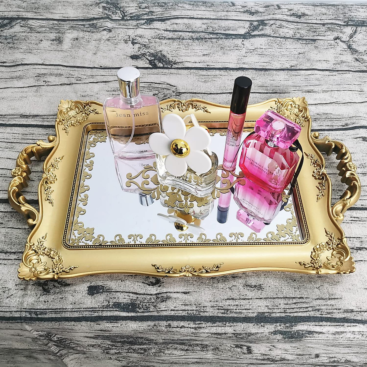Hamphinee Rectangle Antique Decorative Mirror Tray, Perfume Organizer, Jewelry Dresser Organizer Tray & Display, Makeup Organizer Vanity Tray, Serving Tray, 9.3"x14.9", Gold