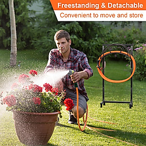 VyGrow Garden Hose Holder, Freestanding Heavy Duty Water Hose Holder for Outside, Upgraded Metal Hose Stand with 4 Spikes, Detachable Garden Hose Storage Hose Reel Rack, Black