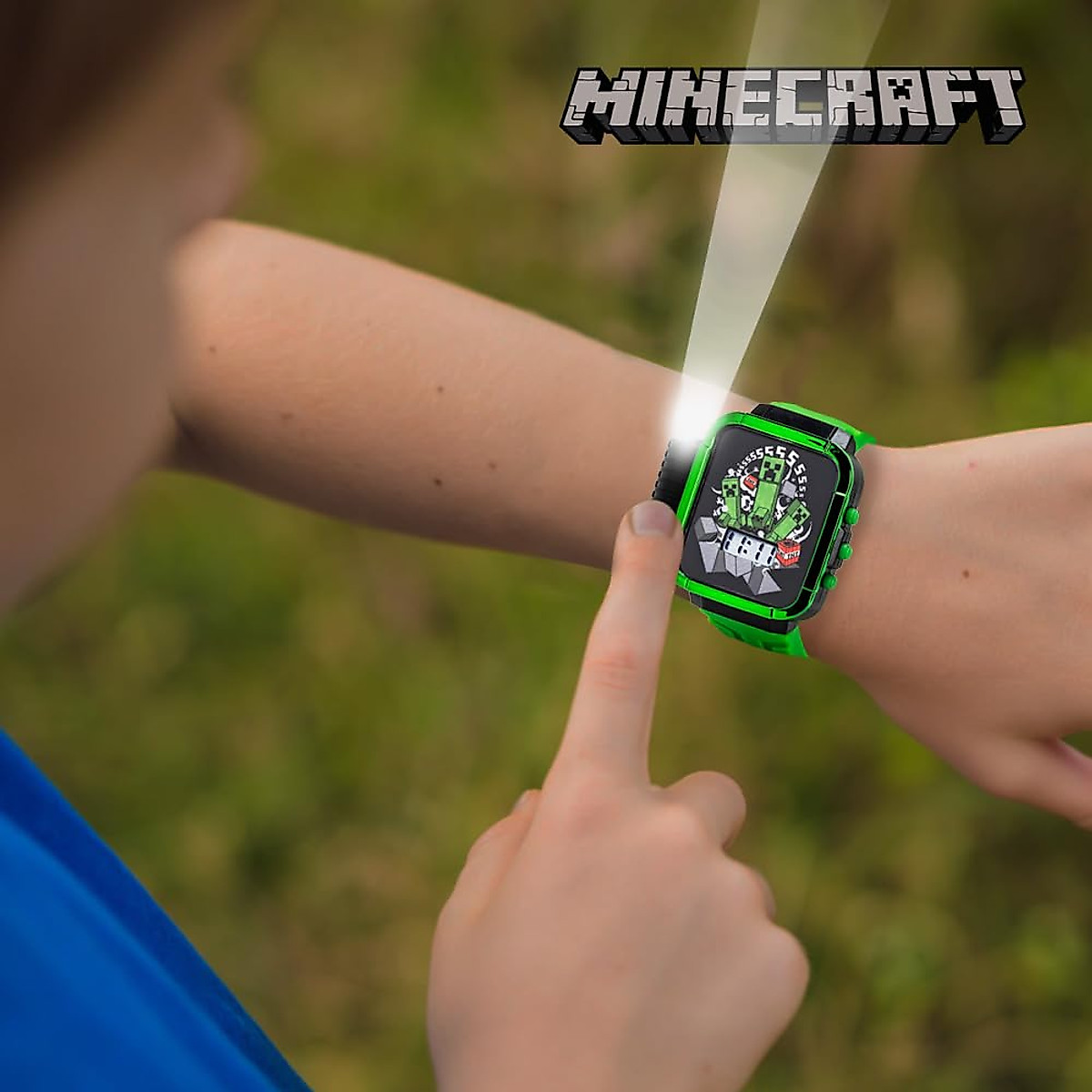 Accutime Minecraft Creeper Merch - Kids Digital Watch with LED Flashlight, Light Show, and Green Creeper Design - Officially Licensed Minecraft Toy Watch for Boys and Girls Ages 3+
