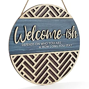 IARTTOP 3D Welcome Hanging Sign Plaque for Front Door Wall Decor, Funny Welcome-ish Wooden Hanger (12''x 12''), Rustic Minimalist Outdoor Wood Wall Art for Farmhouse Porch or Entryway Home Decor