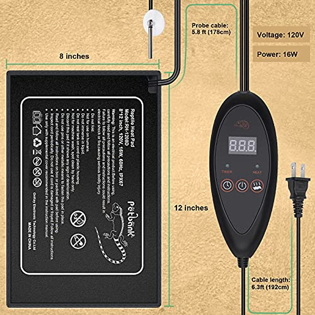 Petbank Reptile Hating Pad-Seedling Heat Mat with Digital Thermostat, Water Tank Heater Heating Pad for Turtles/Snakes/Lizards/Frogs/Spiders/Plant Box/Aquariums, 8 x 12 inch