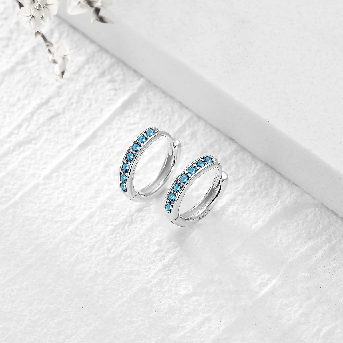 March Birthstone Huggie Hoop Earrings Sterling Silver Simulated Aquamarine Blue Birthstone Huggie Hoop Earrings Birthday Gifts for Women