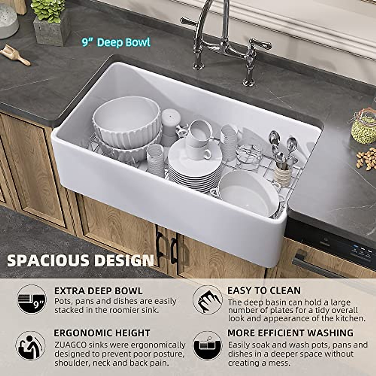 ZUAGCO White Farmhouse Sink 33 inch Fireclay Apron Front Farm Sink Large Capacity Deep Single Bowl Kitchen Sinks with Accessories Protective Bottom Grid and Strainer