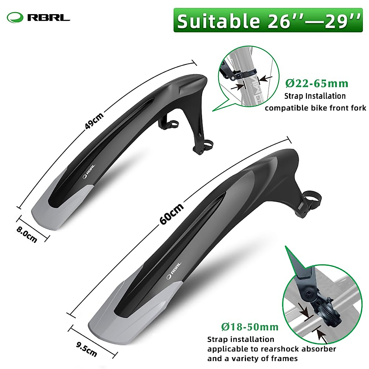 RBRL Bike Fender Set Adjustable MTB Mud Guard, Thicken and Widen Universal 24-29 inch Bicycle Fenders, Full-Suspension Bike/Ebike/Mountain Bike Fenders, Against Splashing Water and Dust