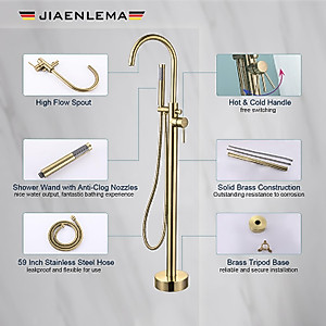 Freestanding Bathtub Faucet Brushed Gold Floor Mount Tub Filler with Single Handle, Free Standing Tub Faucet with Swivel Tub Spout, Modern Tub Shower Faucet with Hand Shower 59〞 Shower Hose JIAENLEMA