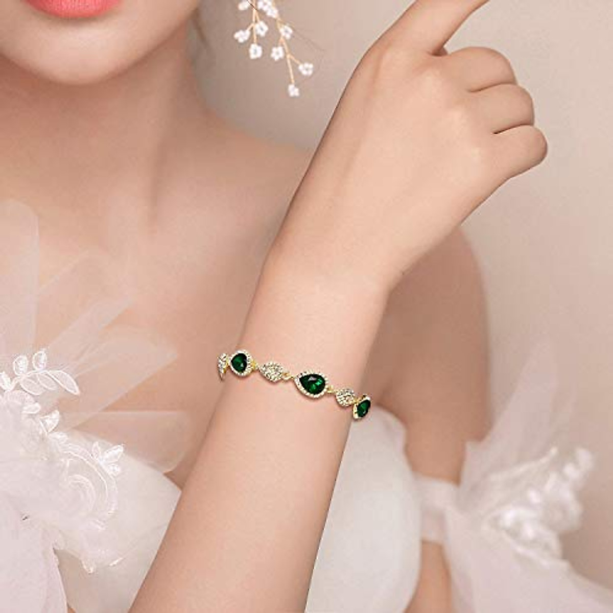 EleQueen Women's Wedding Bridal Jewelry Sets for Brides Bridesmaids, Cubic Zirconia Teardrop Necklace Tennis Bracelet Dangle Earrings Jewellery Set Emerald Color