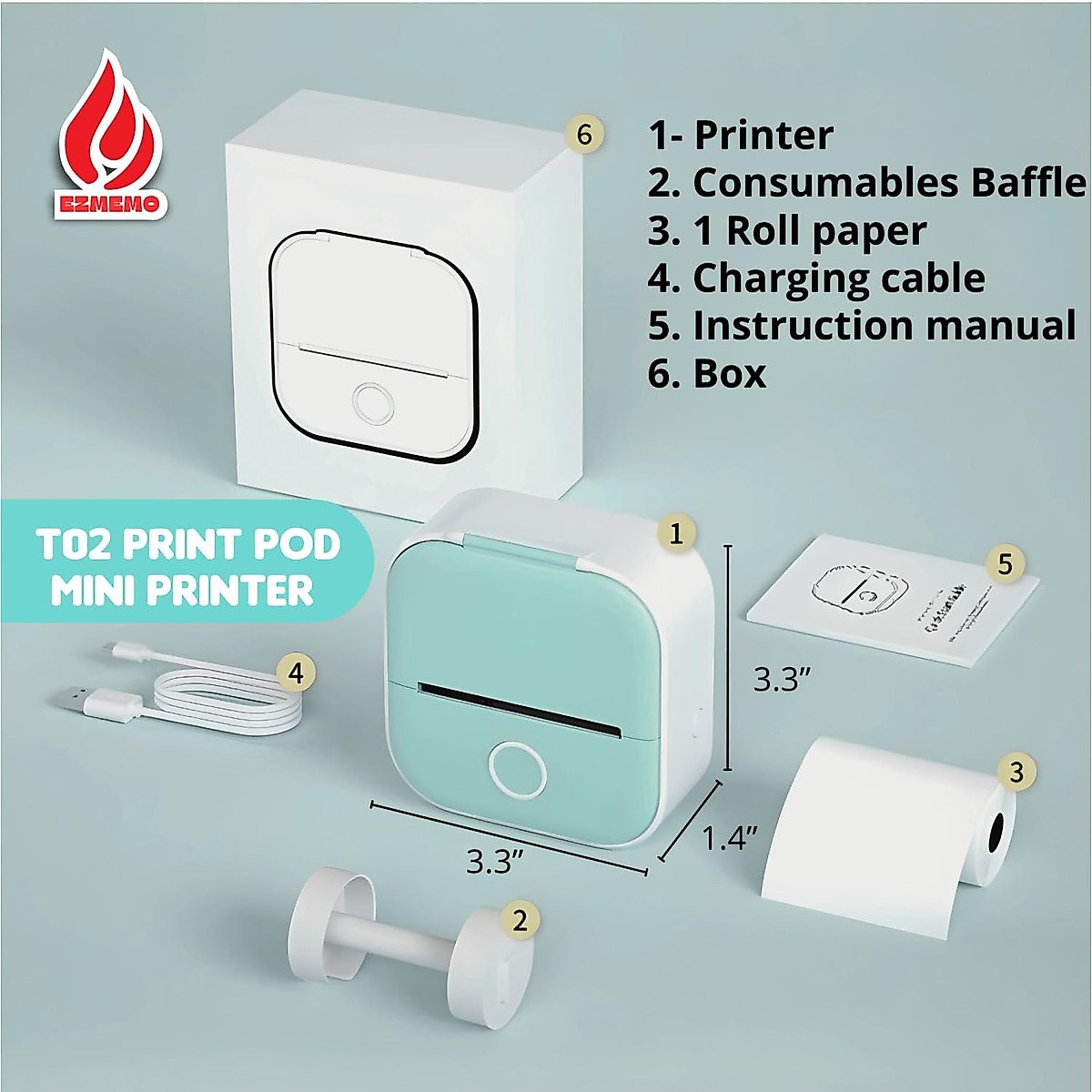 T02 Mini Printer, Portable Sticker Printer Efficiently and Quickly, Thermal Printer for Study Notes, Pictures, DIY, Label, Free App with Multiple Templates-for Android & iOS Green