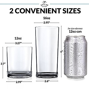 Zulay Plastic Tumblers Drinking Glasses Set of 8 Clear - 4 Each: 12oz and 16oz Acrylic Cups For Kitchen - Unbreakable, Dishwasher Safe Plastic Glasses Set