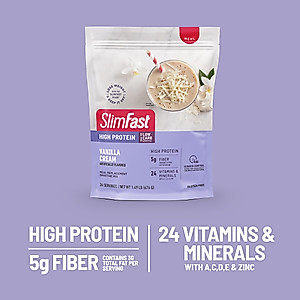 SlimFast High Protein Meal Replacement Powder, 26 Servings, Advanced Nutrition Smoothie Mix with Vitamin and Mineral Blend, Gluten Free, Vanilla Cream, 1.53 Pounds