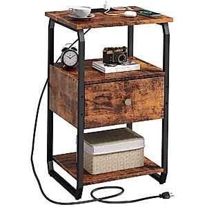 KHLJJU Nightstand with Charging Station, Bedside Tables with USB Ports and Outlets, Side Table with Drawer for Small Spaces, Vintage End Table for Bedroom, Living Room