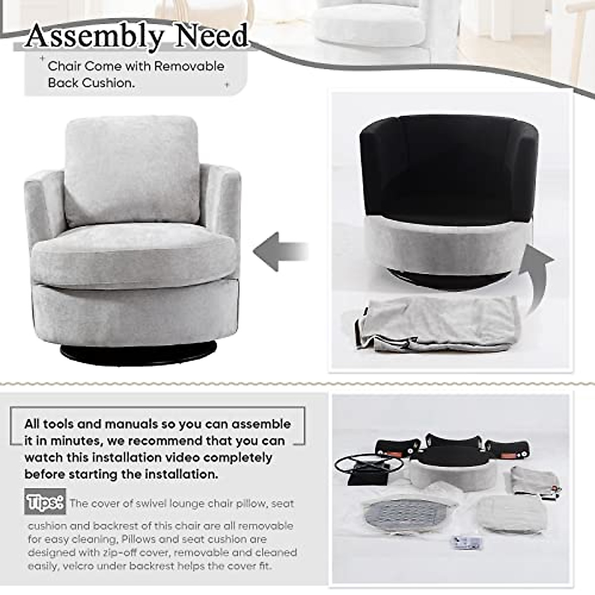 Swivel Accent Chairs Living Room Modern Comfy Round Arm Chairs Upholstered Barrel Swivel Chairs Sillas De Sala Circle Club Chair Cozy Chairs for Small Spaces Bedroom (Grey Chenille, Set of 1)