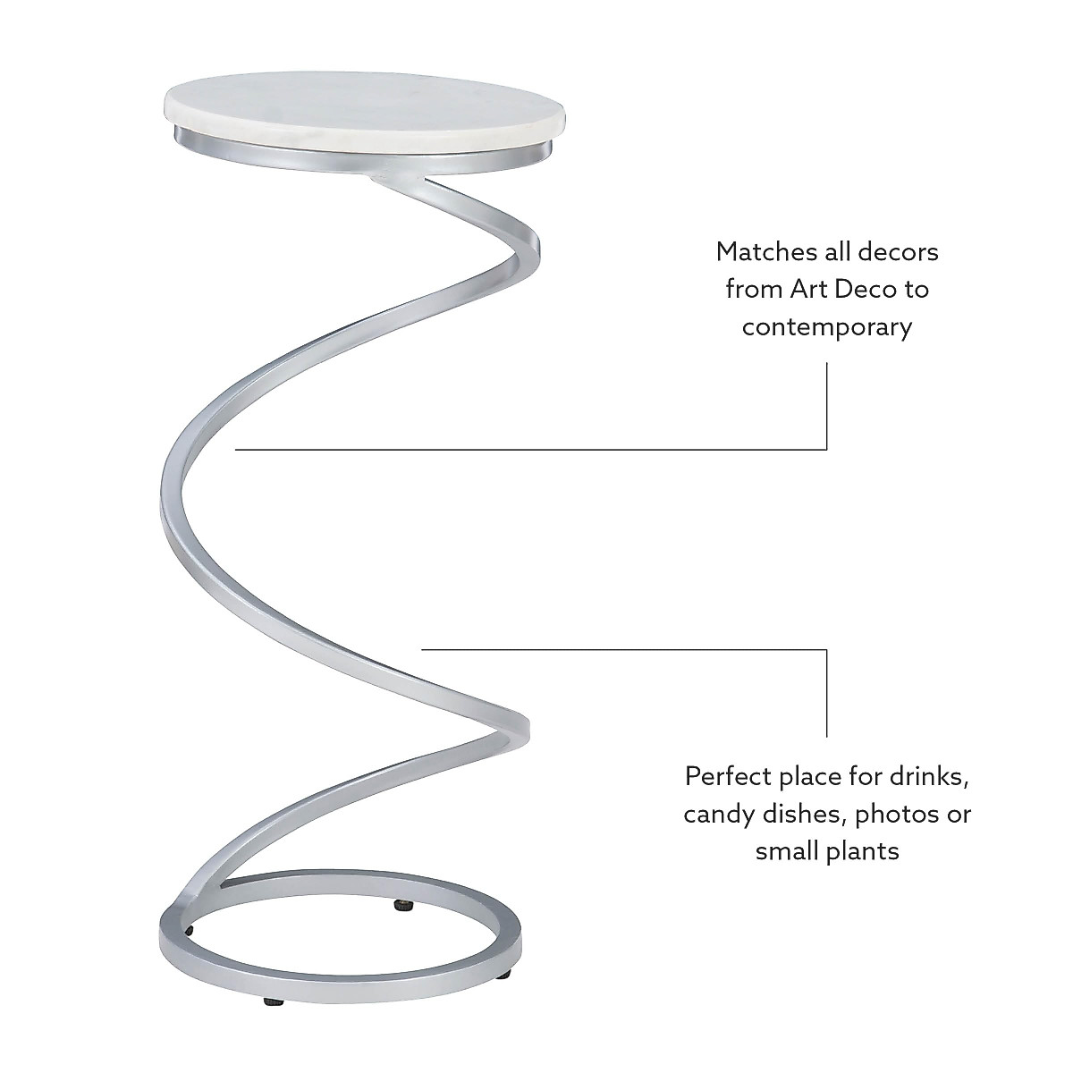 Powell Company Silver Spiral Metal Base with White Marble Top Drink Powell Nora Table