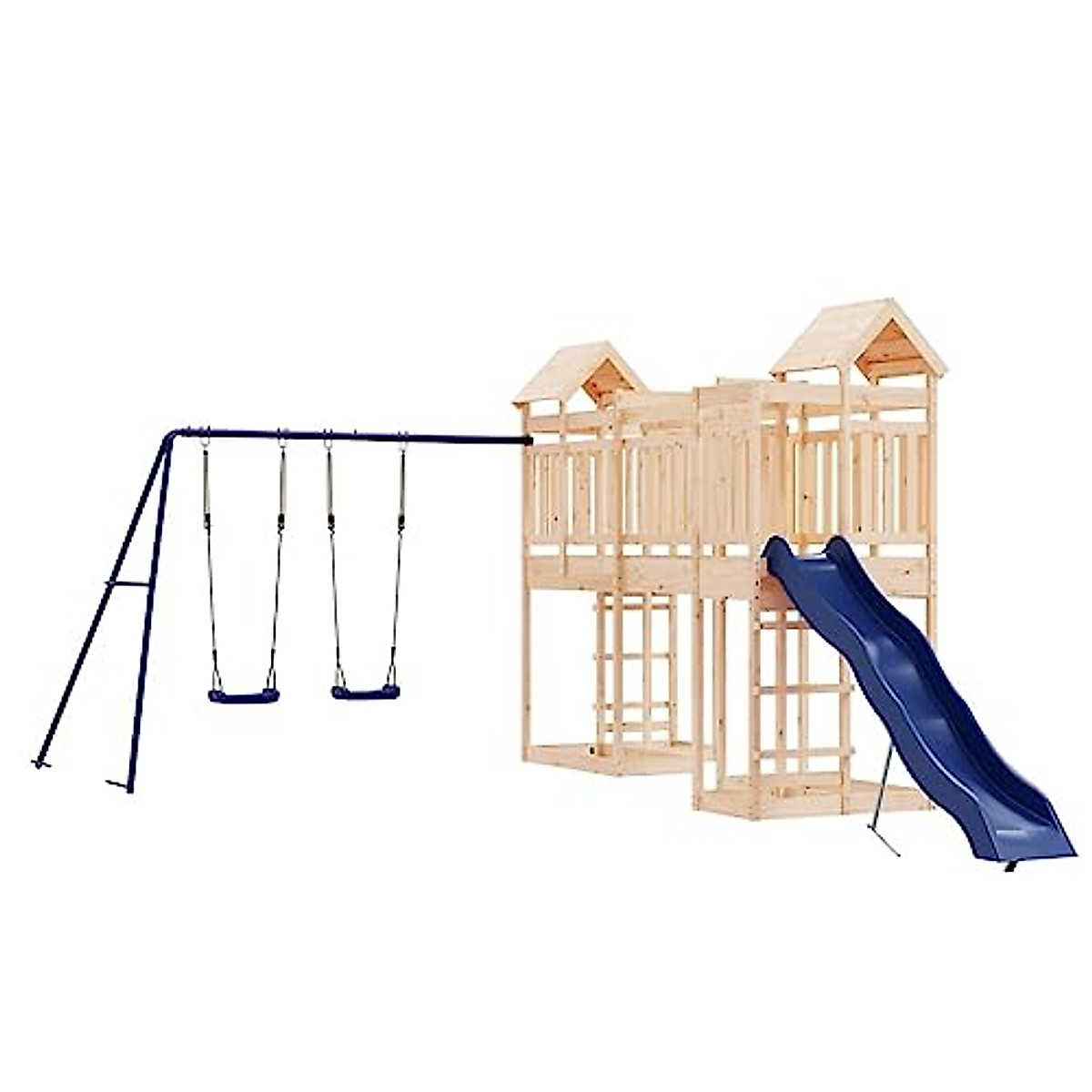 GOLINPEILO Outdoor Playset Solid Wood Pine,Garden Play Set with 1 Play Towers with Bridge,1 Wave Slide,1 Double Swing Set,Modern Outdoor Backyard Children's Climbing Wood Playground Playset,-4555