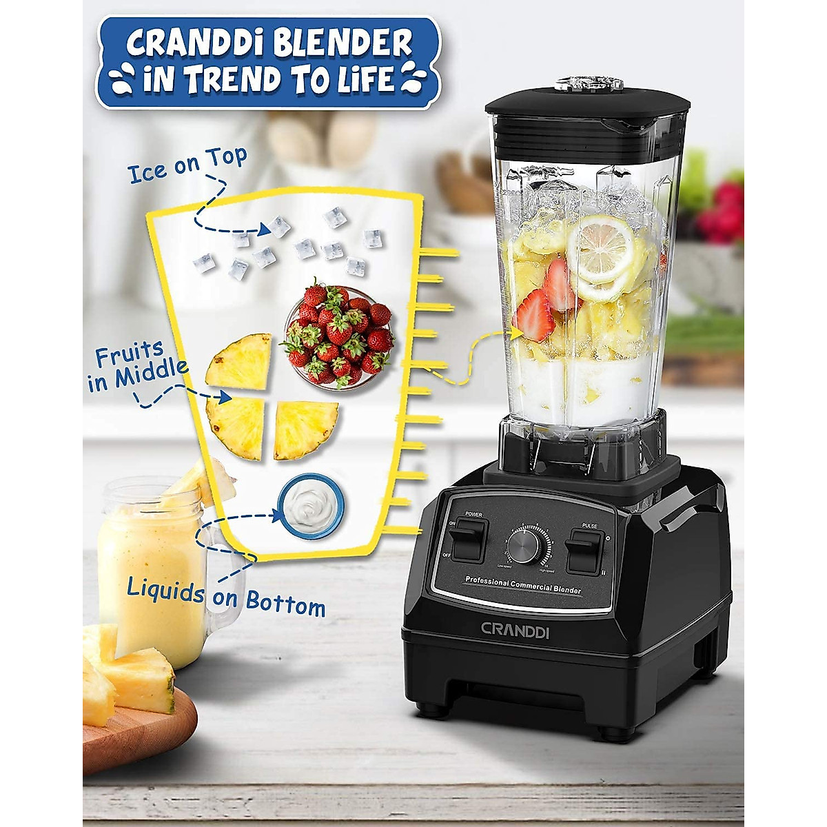 CRANDDI Professional Blender,1500 Watt Commercial Blenders for Kitchen with 70oz BPA-Free Pitcher and Self-Cleaning, Countertop Blenders for Shakes and Smoothies, Build-in Pulse, YL-010-B
