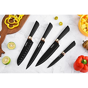 Kitchen Knife Set with Sheath, 6 Piece Stainless Steel Chef Knives Set, Includes 8'' Chef Knife, 8'' Bread Knife, 7'' Santoku Knife, 5''Utility Knife, 8” Carving Knife, and 3.5'' Paring Knife (Black)
