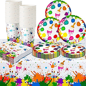 195 Pcs Art Paint Party Supplies Tableware Set Serve 48 Colorful Splatter Party Tablecloth Dinner Dessert Plates Cups Napkins Dinnerware Kit for Art Paint Birthday Artist Party Decoration