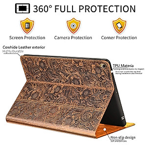 Gexmil Case for iPad 10.9 Inch,10th Generation(2022) Genuine Leather Cover Anti Fingerprint/Slip,Smart Cowhide Folio Cover Auto Sleep/Wake with Adjustable Stand,Flower Brown