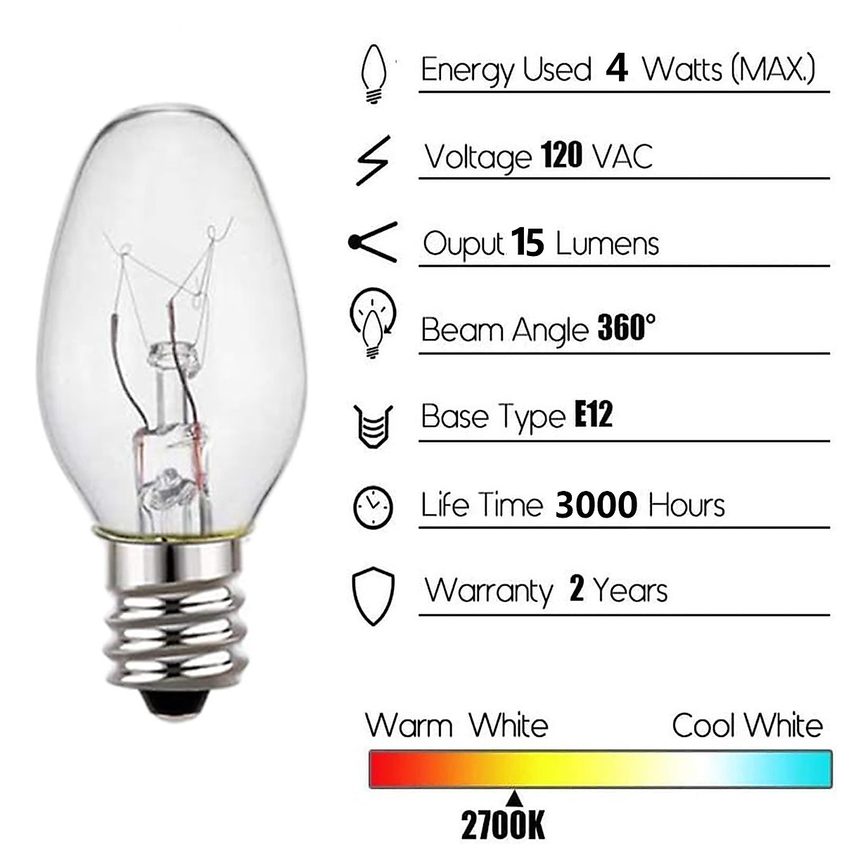 C7 Night Light Bulb 4 Watt,E12 Candelabra Base, 15 Lumens，Incandescent Light Bulb, Clear, Soft White - 12 Pack