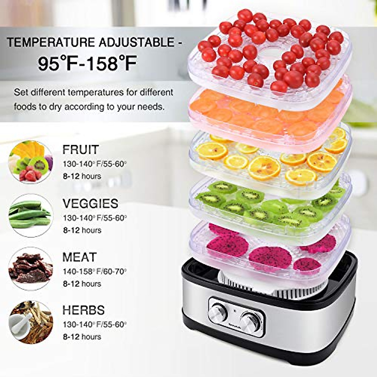 Seeutek Food Dehydrator Machine for Beef Jerky, Fruits, Vegetables Electric Dryer Machine with 5 BPA-free Trays, Adjustable Temperature Control, Recipe Book & 4PCS Reusable Storage Bags