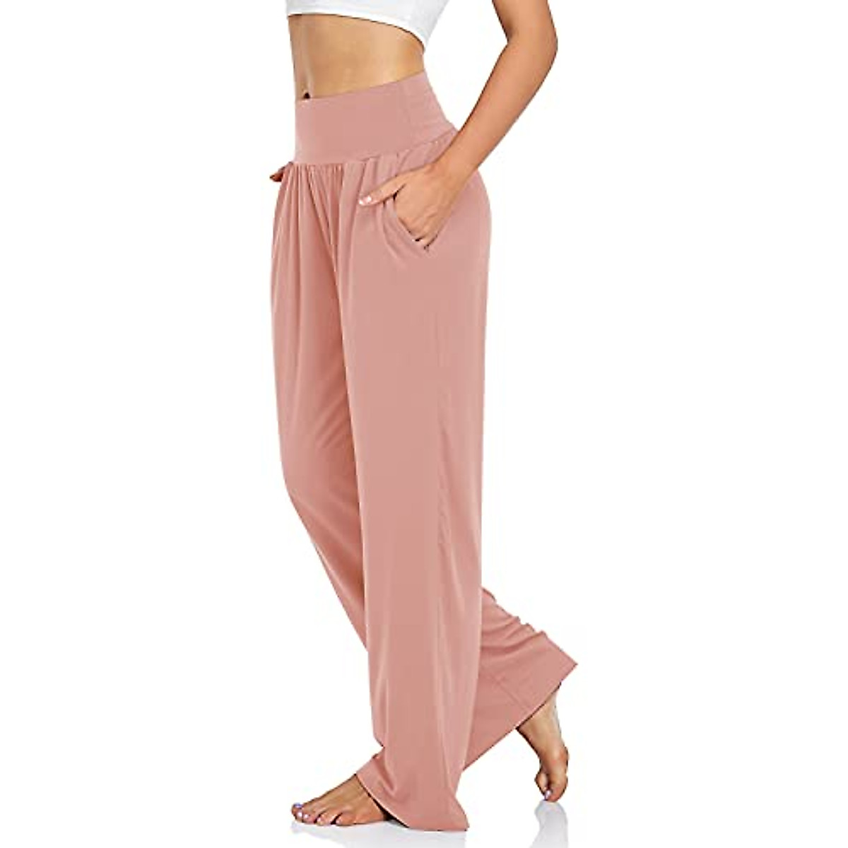 UEU Women's Casual Loose Wide Leg Cozy Pants Yoga Sweatpants Comfy High Waisted Sports Athletic Lounge Pants with Pockets (Dusty Pink, Small)
