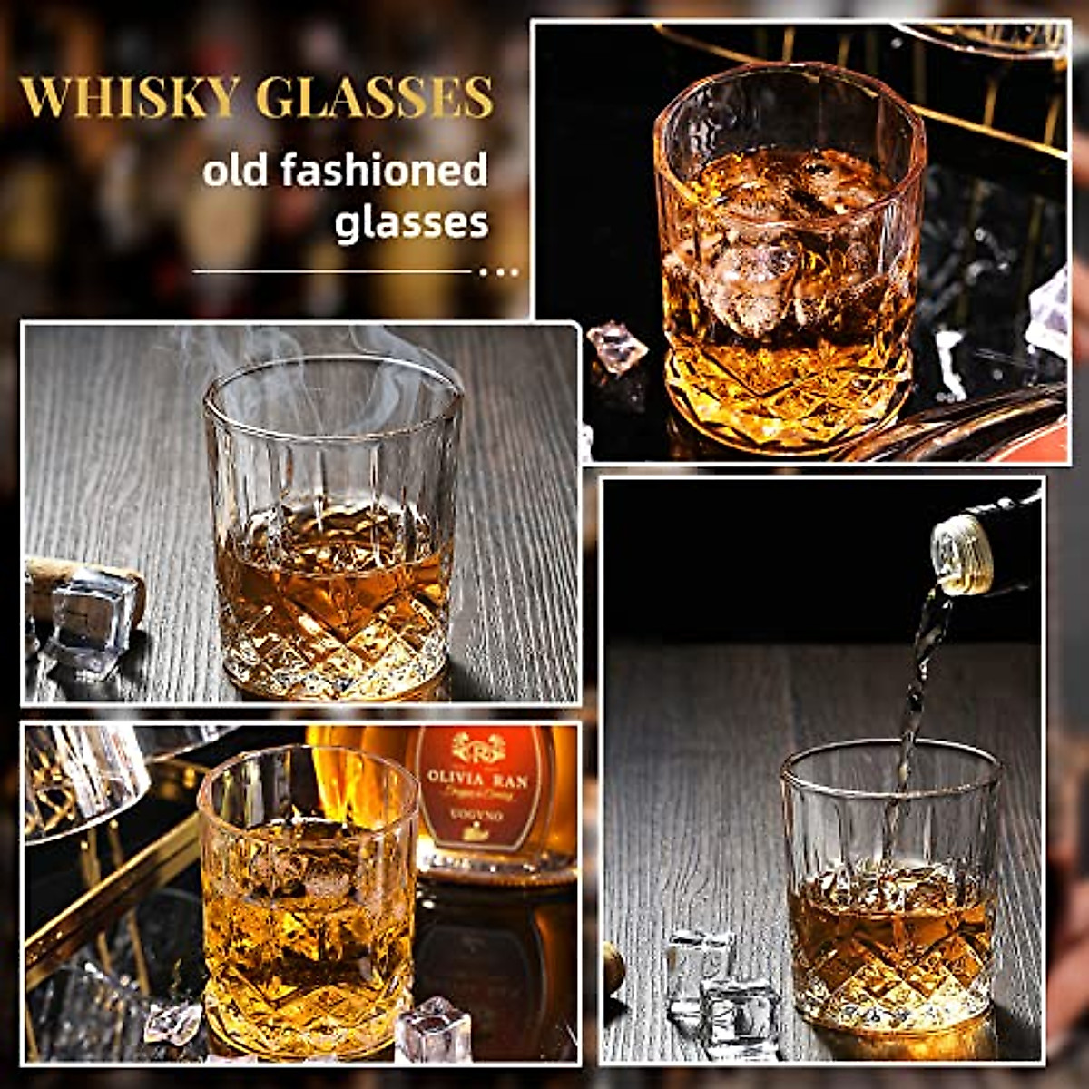 RorAem Whiskey Glasses Set of 4 - Bourbon Glasses Crystal Rocks Glasses Whiskey Gifts for Men Old Fashioned Glasses for Whiskey Cognac Scotch Cocktail Vodka Liquor Rum Home Bar 11oz