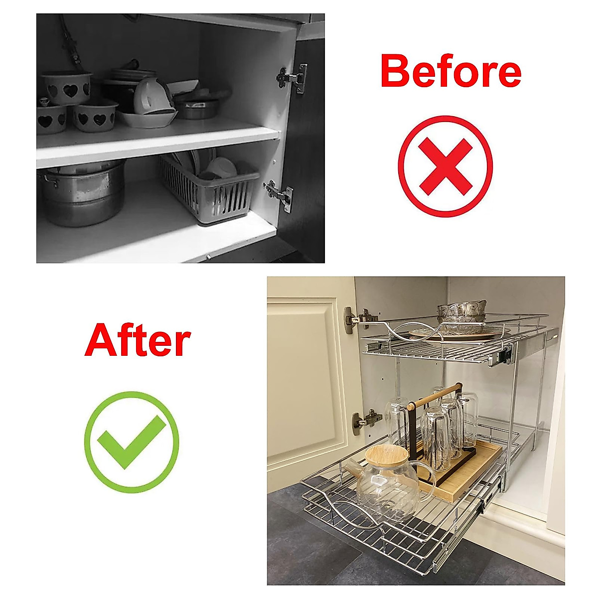 Sikarou Pull Out Cabinet Organizer 14" W x 21" D 2-Tier Individual Slide Out Drawer Pantry Shelf Storage for Kitchen Base Cabinet Organization ​for Kitchen, Bathroom, Pantry, Chrome