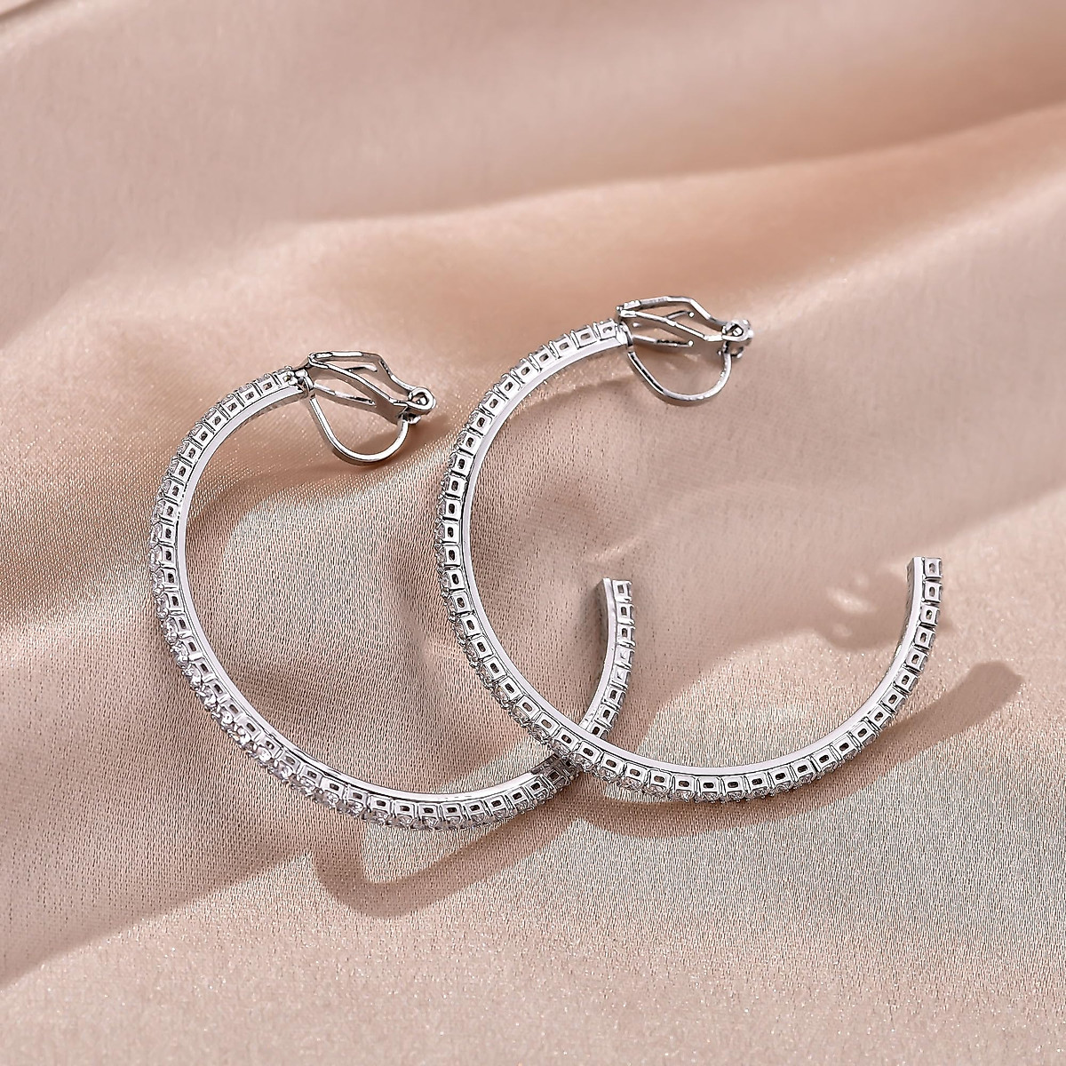 YOQUCOL 4.3CM(1.7in) Silver Clip On Hoop Earrings Cubic Zirconia Non Pierced Ears Hoops for Women
