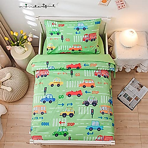 A Nice Night 4PCS Toddler Bedding Set, Transport Vehicles Cars Pattern, Comforter Sets,Includes Comforter, Flat Sheet, Fitted Sheet and Pillowcase,Green