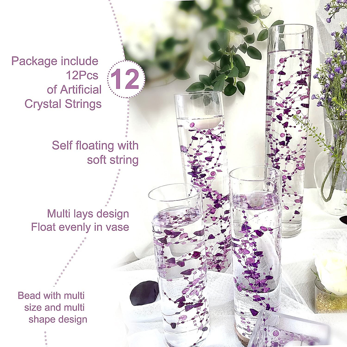 TeaSu 12pcs Purple Crystal String, for Floating Candles Centerpieces Table Decorations, Crystal Bead Filler for Party, Birthday Decorations