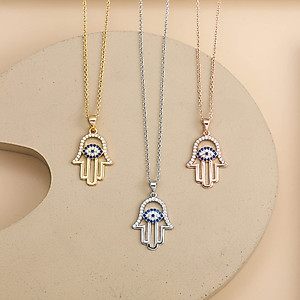 SLOONG Evil Eye Hamsa Hand Necklace 14k Gold Plated Third Eye White Blue Cz Womens Pendant Necklace