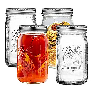 Wide Mouth Mason Jars 32 oz - (4 Pack) - Ball Wide Mouth 32-Ounces Quart Mason Jars With Airtight lids and Bands - Clear Glass Mason Jars For Storage, Canning, Fermenting, Overnight Oats, Cold Brew