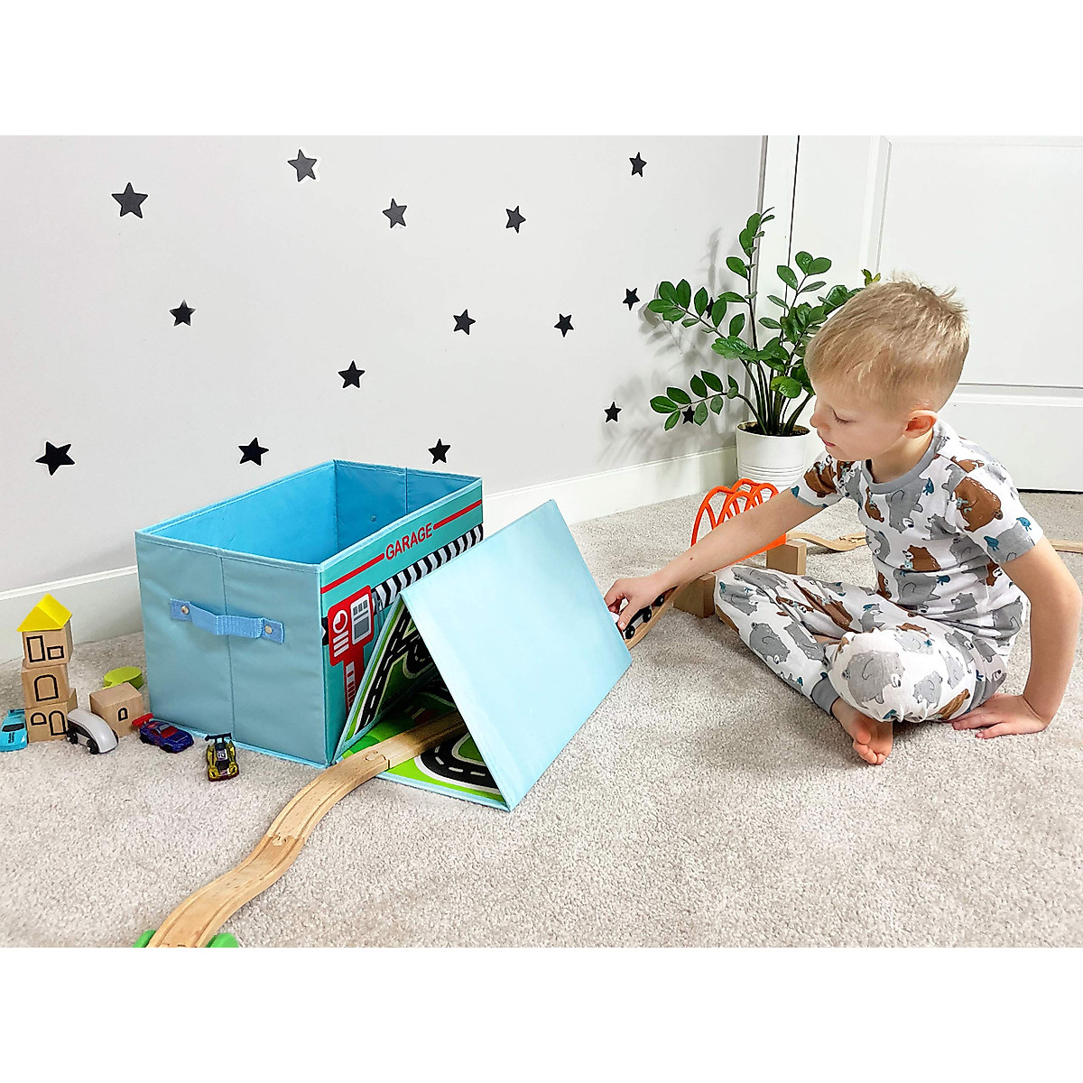 EMBRACE PLAY Toy storage box with car rug play mat - Toy box for boys and girls - 2 in 1 collapsible toy car storage- toyboxes for children - toy boxes for kids (BLUE)
