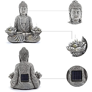 Buddha Statue Zen Sculpture 11.4in Large Size,Yoga Garden Decor with LED Solar Lotus Lights, Sitting Meditating Buddha Serene Resin Figurine for Patio Yard Lawn Ornaments, Backyard,Inside or Outside…