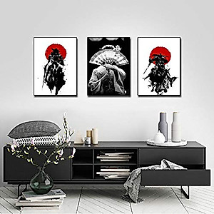 MM Art Black White Japanese Geisha with Folding Fan Painting Canvas Art Ancient Japan Samurai Red Sun Figure Painting Minimalist Nordic Wall Art Picture For Living Room Modern Home Decor (40x60cm 3pcs)