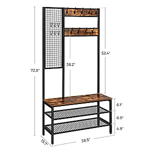 VASAGLE ALINRU Hall Tree, Coat Rack, Coat Stand with Grid Wall, Shoe Rack, 2 Mesh Shelves, 15 Hooks, 72.8-Inch Tall, Large Storage Space, Easy to Assemble, Industrial Style, Rustic Brown UHSR98BX