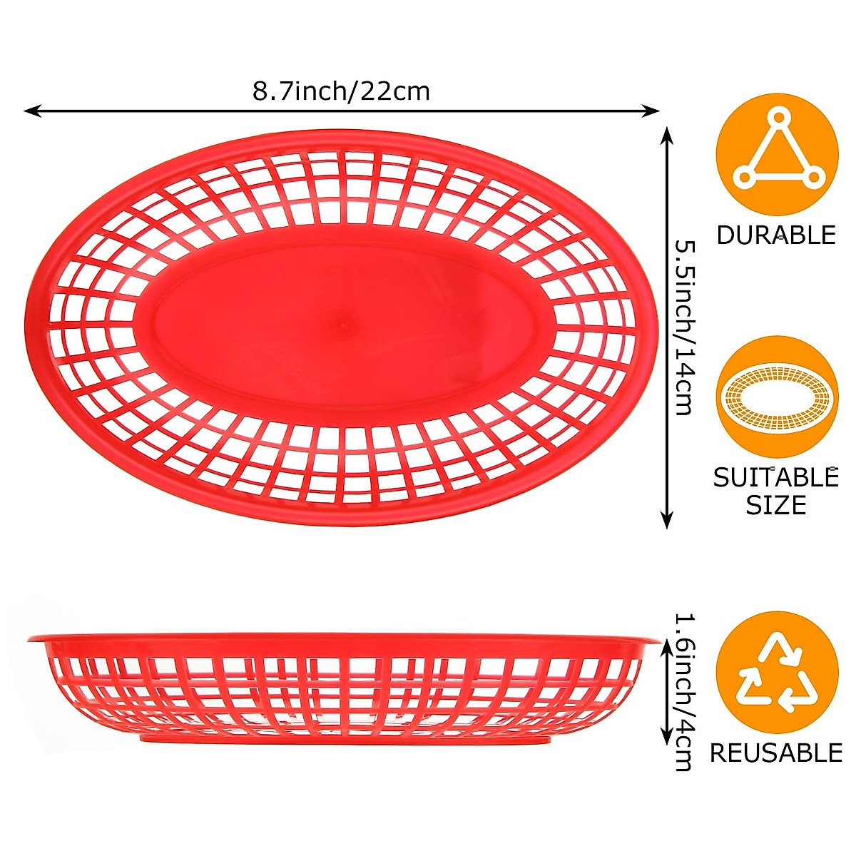 50 Pack Oval Fast Food Baskets, 8.7 x 5.5 Inch Red Plastic Food Baskets Restaurant Basket, Fast Food Storage Baskets for Burgers, Sandwiches, Fries at Party, Picnic, Home