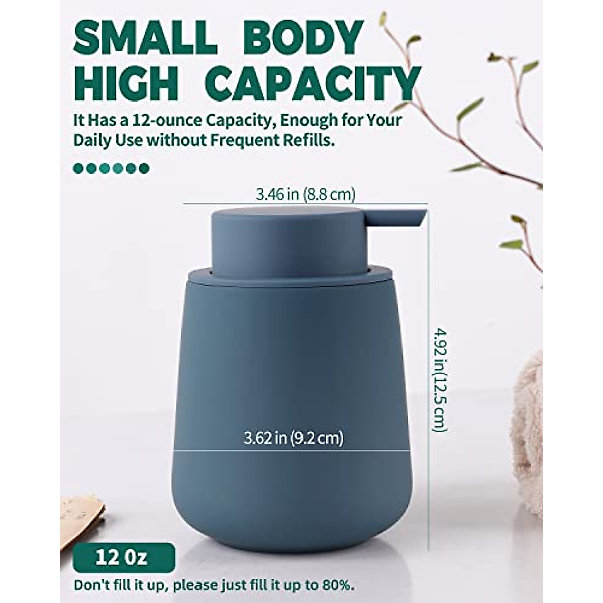 Bosilunlife Soap Dispenser Bathroom - Blue Ceramic Soap Dispenser Lotion Pump Dish Soap Dispenser for Kitchen Sink 12oz Refillable Liquid Hand Soap Dispenser for Bathroom (Rubber Paint)