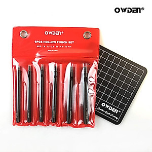 OWDEN Professional 6Pcs. Leather Hollow Punch Set. Size: 1.0-5.0mm for Leather Belt, Watch Band and Leather Strap Gasket. with a Free Mini Cutting mat.
