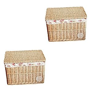 COLLBATH 2pcs box Rattan Woven Clothes Bedroom and Bathroom Liner Desktop Storage Flower Rectangular for with Container Printed Clo Bin Cosmetic Lid Cube Rectangle Organizer Wicker
