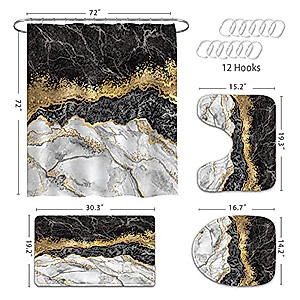 MitoVilla 4 Pcs Black Marble Shower Curtain Sets with Rugs, Black Grey Gold Bathroom Sets with Shower Curtain and Rugs and Accessories, Modern Bathroom Accessories Decor with Bath Mats, Gray