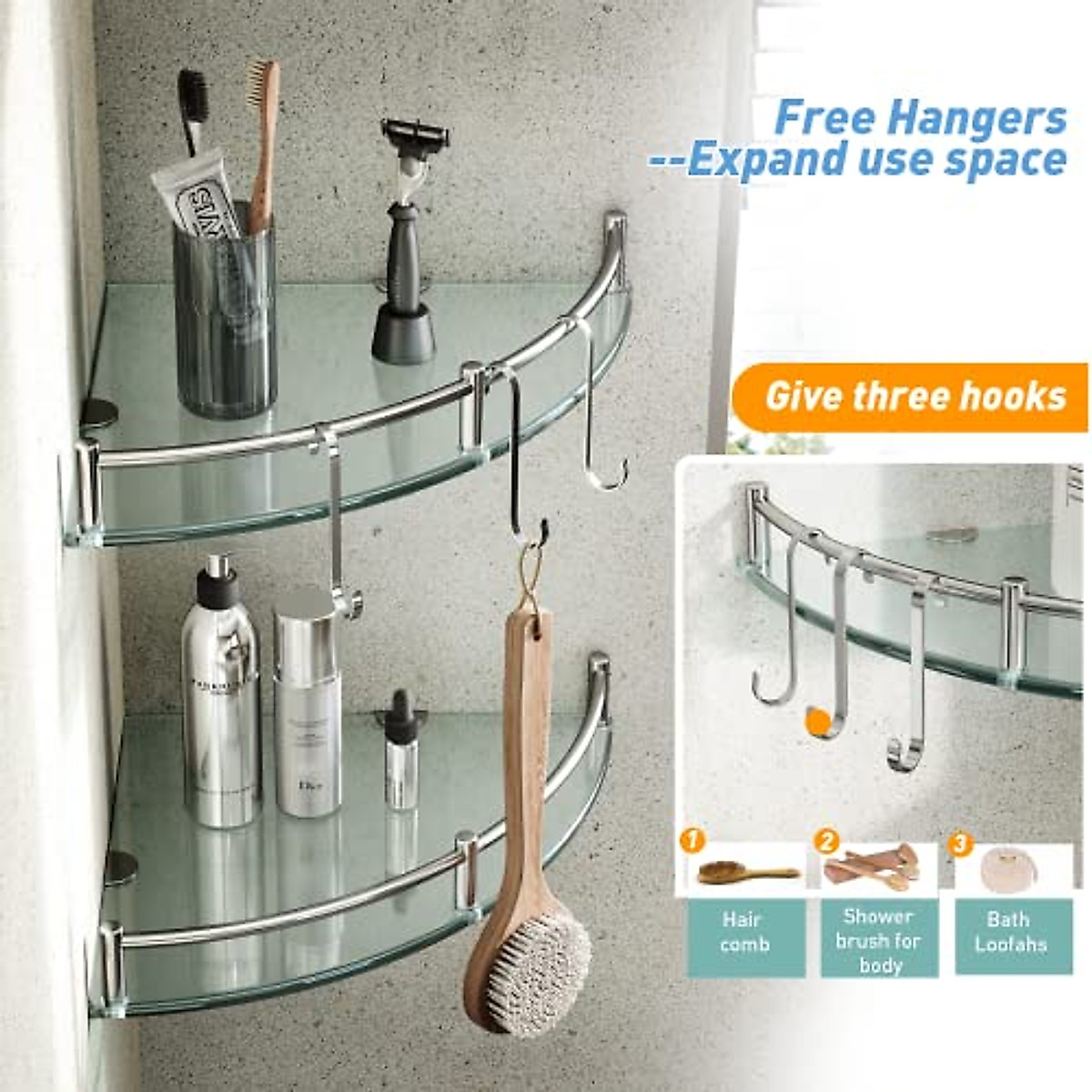 HouseMila Bathroom Shelf, 2 Tier Glass Bathroom Wall Shelf with Extra 3 Hangers Floating Glass Corner Shelves with Nail Shampoo Organizer