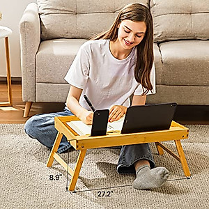 Bamboo Bed Tray Table, Large Breakfast Tray - 21.7x14 Inch with Folding Legs, Multipurpose Serving Tray Use As Portable Laptop Tray, Snack Tray, Platter Tray for Working, Eating, Reading by Pipishell
