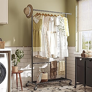 YATINEY Clothes Rack, Double Rod Garment Rack, Clothing Rack with Wheel, Rolling Clothes Rack for Hanging Clothes, Metal Frame, Adjustable Middle Rod, Heavy-Duty Commercial Display, Black GR49BB