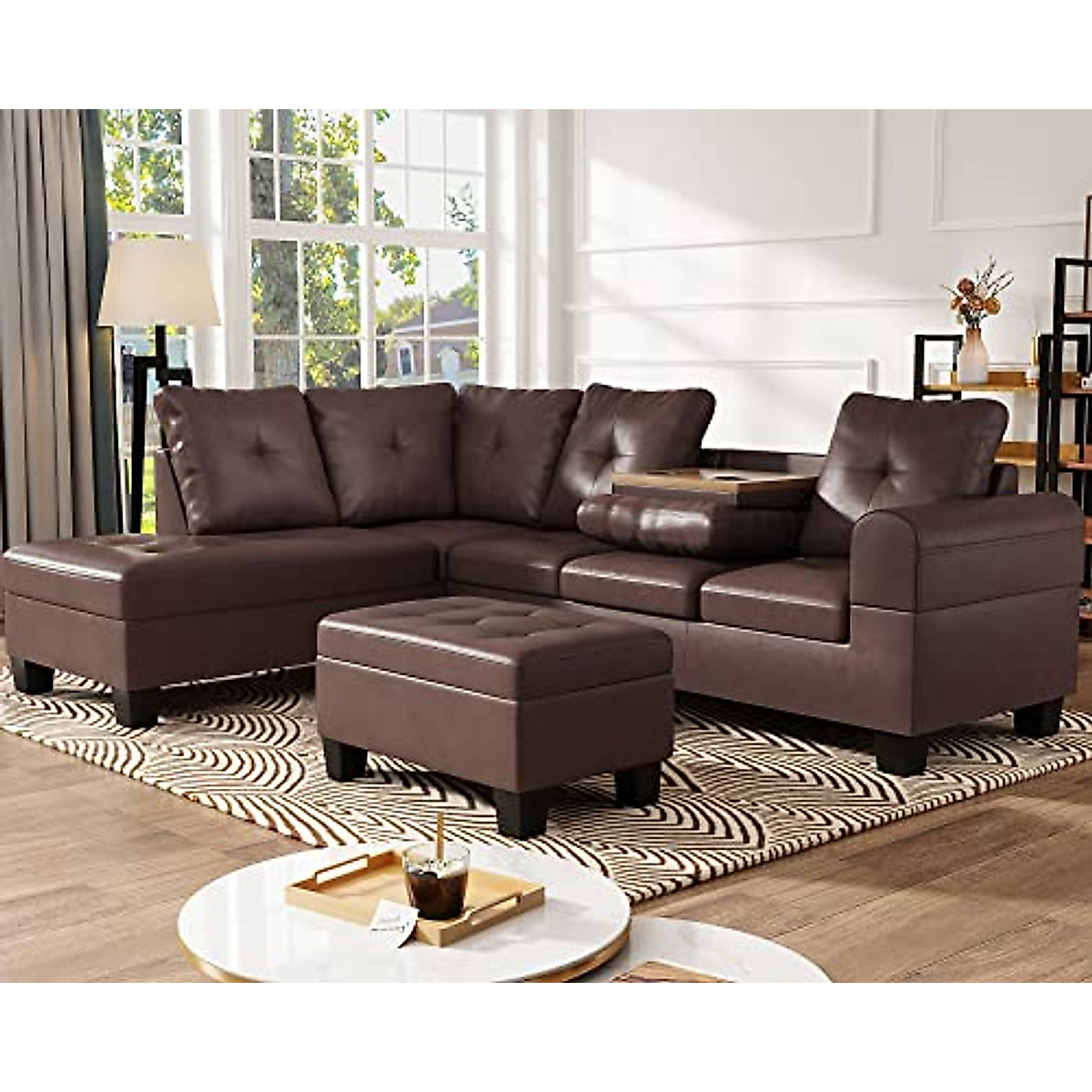 AWQM Upholstered Sectional Sofa w/Chaise Lounge, Modern L Shaped Sofa Couch with Storage Ottoman Bench, PU Leather Sectional Couches with Cup Holder for Living Room Small Space