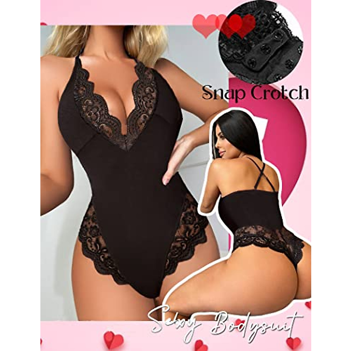 Avidlove Sexy Lingerie for Women Lace Deep V Bodysuit Snap Crotch Teddy Black L