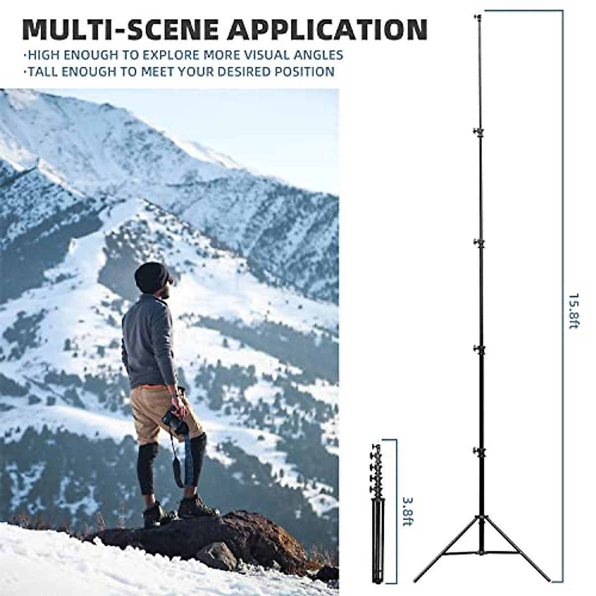 【16' Heavy Duty】 RAUBAY Extreme Tall Video Camera Sports Tripod Stand Air-Cushioned Telescoping Aluminium Alloy Light Stand with 1/4"& 3/8" Screw Adapter, Professional Sky High Tripod - TT480 Black