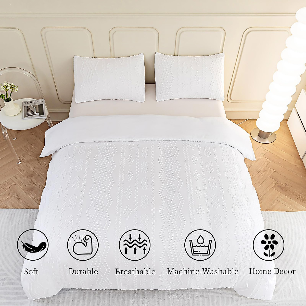 LETSLEEP White Duvet Cover Set Twin/Twin XL Size, 2 Piece Ultra Soft Boho Striped Textured Long Quilt Cover & Pillow Shams, Embroidery Shabby Chic Bedding Duvet Cover for Adult and Kids